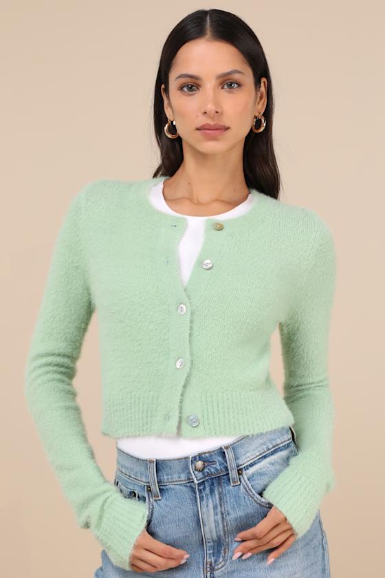 Mint Eyelash Knit Cardigan - Cropped Cardigan - Fuzzy Cardigan - Lulus