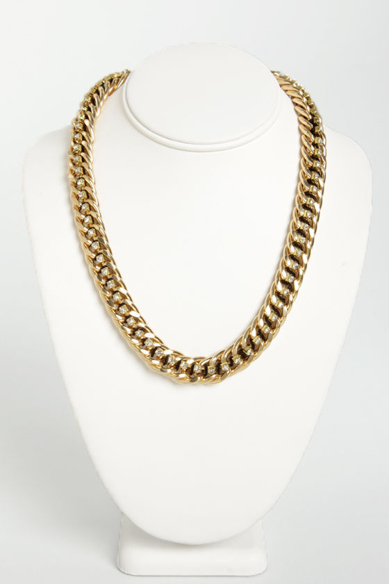 Pretty Gold Necklace - Chain Necklace - Rhinestone Necklace - $16.00 ...