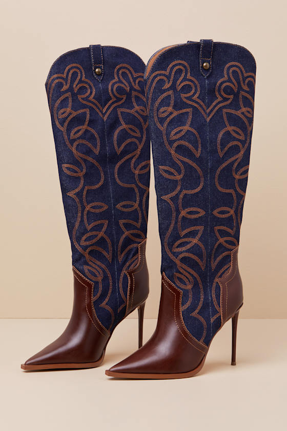 Steve Madden Tyrant - Denim Multi Leather Boots - Knee-High Boots - Lulus