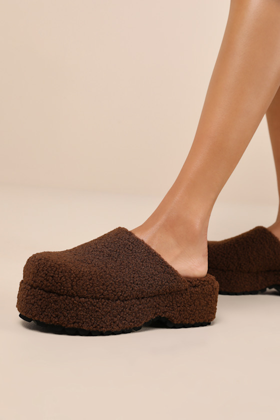 Dark Brown Faux Fur Mules - Platform Mules - Shearling Mules - Lulus