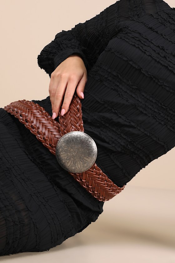 Brown Woven Belt - Embossed Buckle Belt - Wide Woven Belt - Lulus