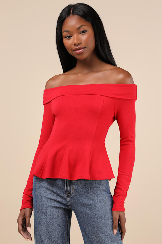 Red Off-the-Shoulder Top - Long Sleeve Top - Flare Hem Top - Lulus