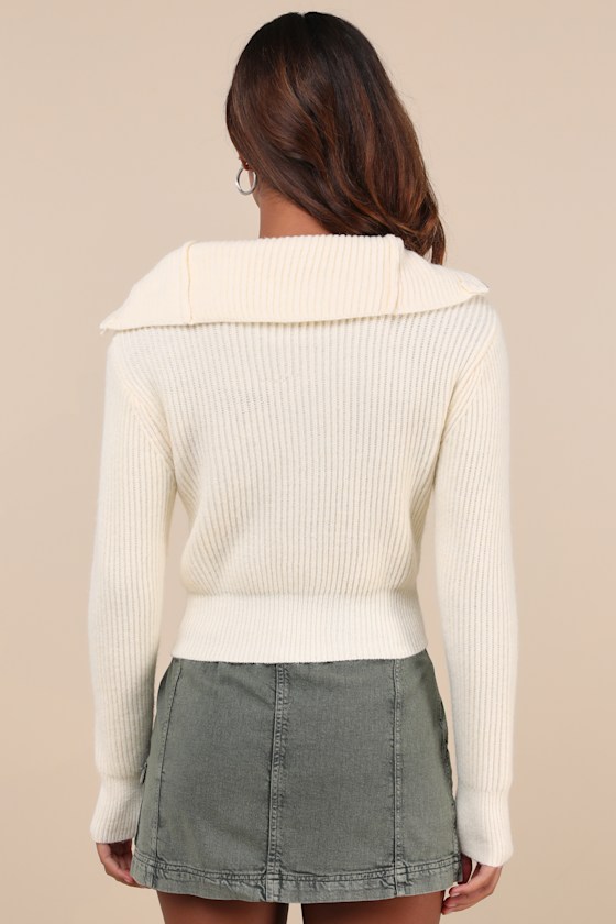 Ivory Cropped Sweater - Zip-Front Sweater - Collared Sweater - Lulus