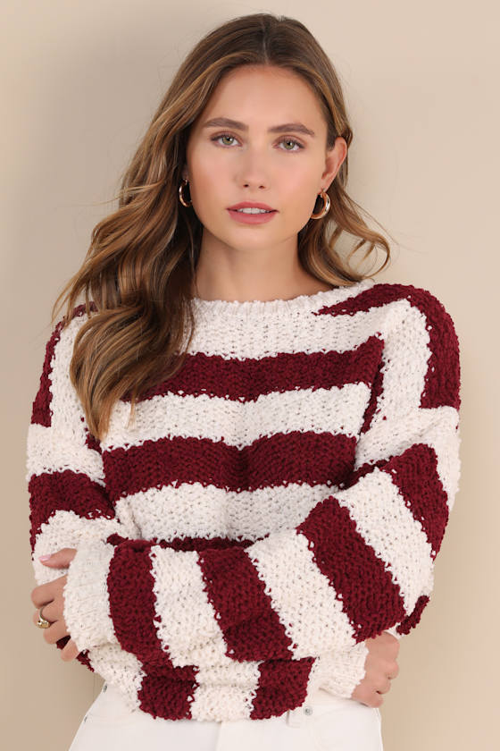 Ivory and Red Striped Sweater - Boucle Sweater - Cropped Sweater - Lulus