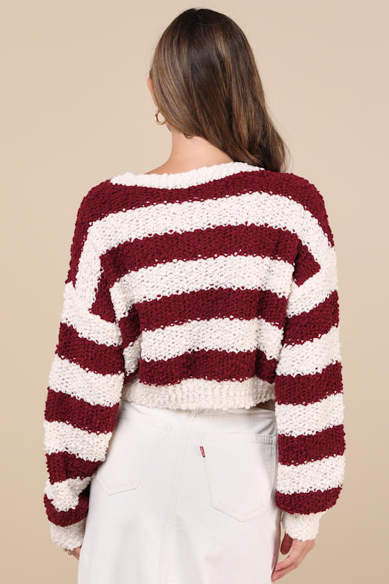 Ivory and Red Striped Sweater - Boucle Sweater - Cropped Sweater - Lulus