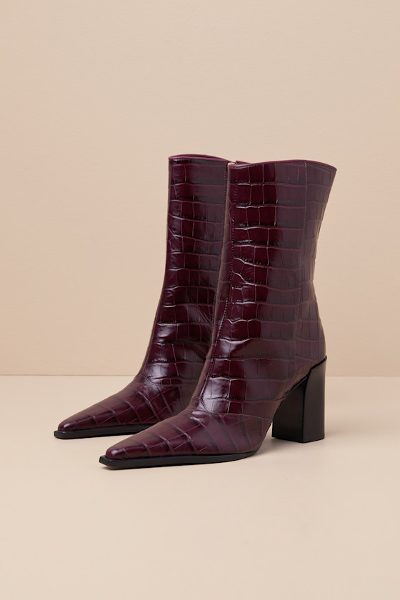 Schutz Raffaela - Merlot Wine Boots - Croc-Embossed Leather Boots - Lulus