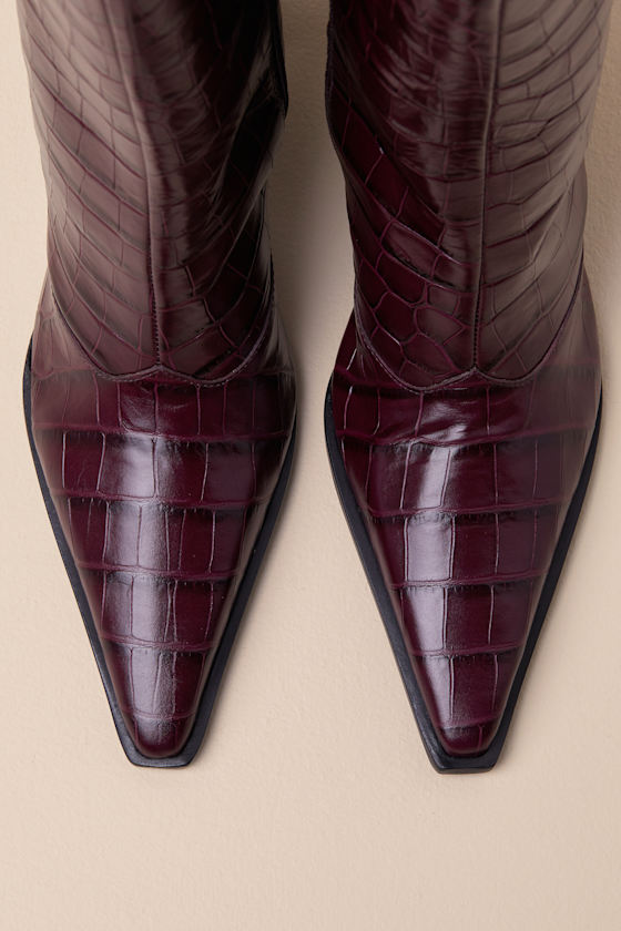 Schutz Raffaela - Merlot Wine Boots - Croc-Embossed Leather Boots - Lulus