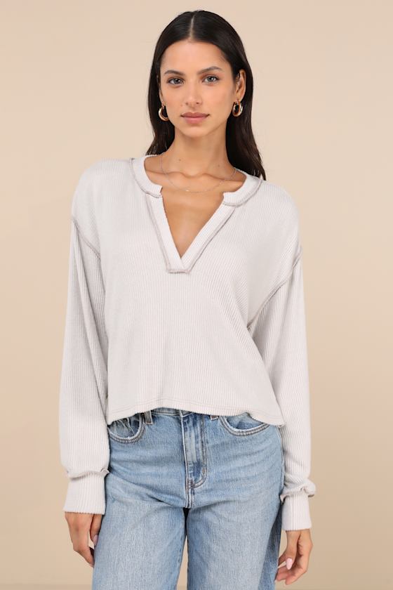 Beige Ribbed Slouchy Top - Long Sleeve Henley Top - Oversized Top - Lulus