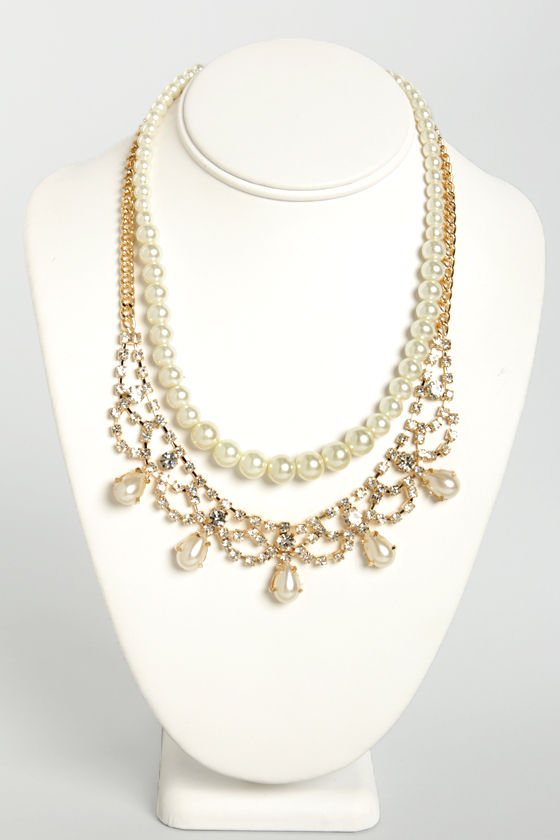 Pretty Rhinestone Necklace - Pearl Necklace - Gold Necklace - $18.00 ...