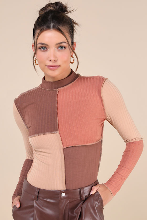 Brown Multi Patchwork Top - Mock Neck Top - Exposed Seam Top - Lulus