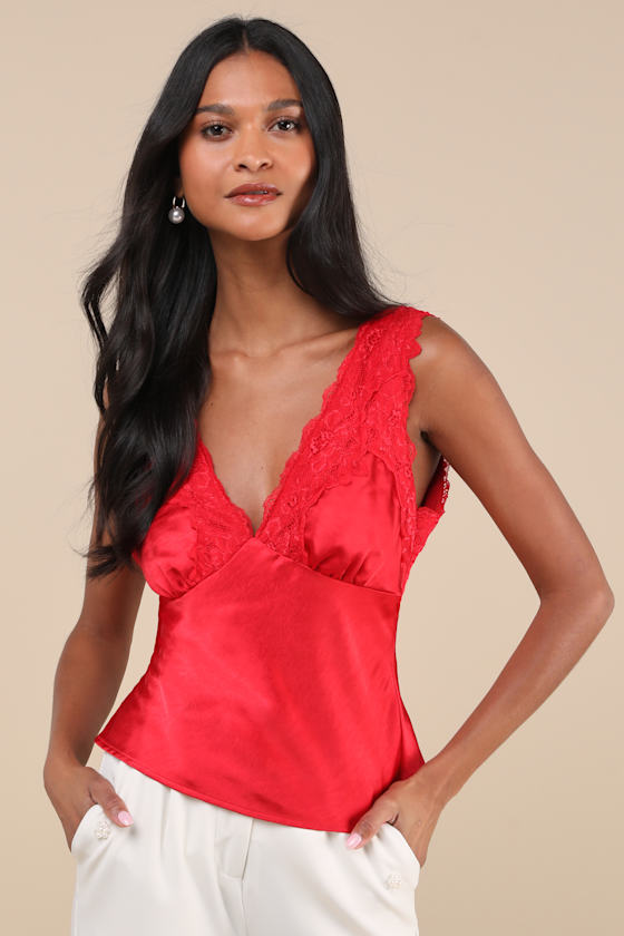Red Satin Tank Top Lace Trimmed Tank Top V Neck Tank Top Lulus