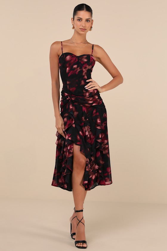 Black Abstract Dress - Ruffled Midi Dress - Ruched Knotted Dress - Lulus