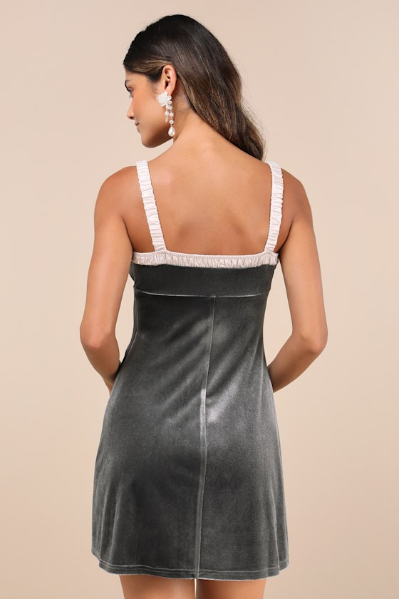 Dark Grey Mini Dress - Velvet Satin Mini Dress - Bow Mini Dress - Lulus