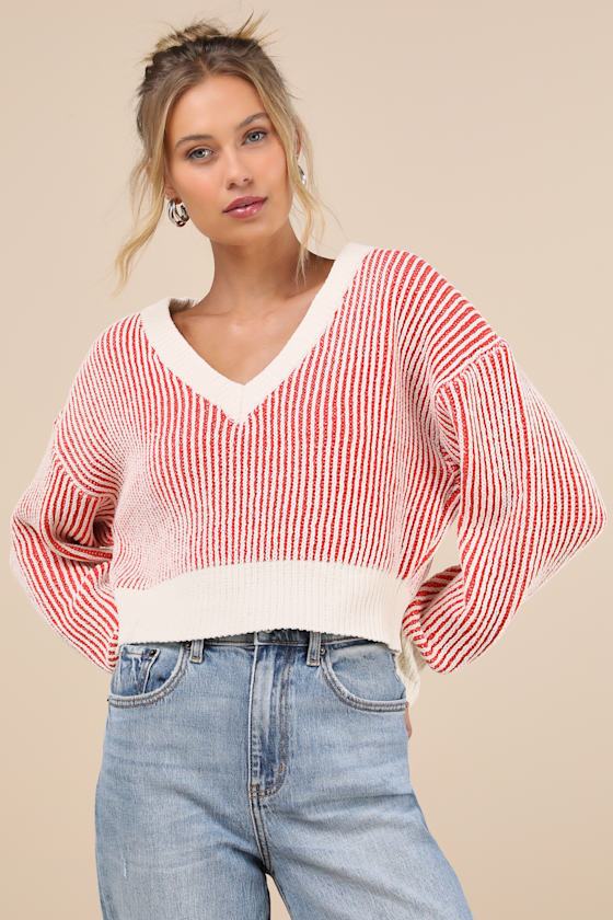 Red and White Striped Sweater - V-Neck Sweater - Pullover Sweater - Lulus