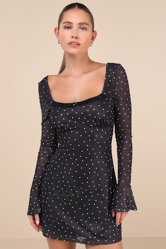 Black Polka Dot Dress - Mesh Mini Dress - Long Sleeve Mini Dress - Lulus