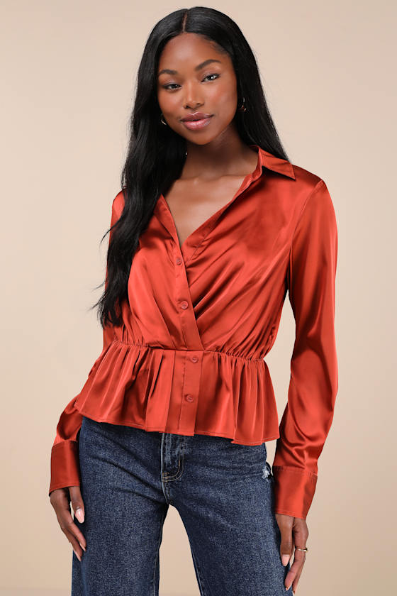 Rust Satin Top - Long Sleeve Collared Top - Satin Button Top - Lulus