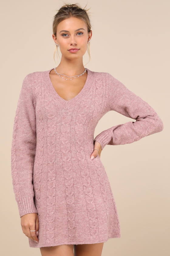 Mauve Cable Knit Dress - Long Sleeve Dress - Sweater Mini Dress - Lulus