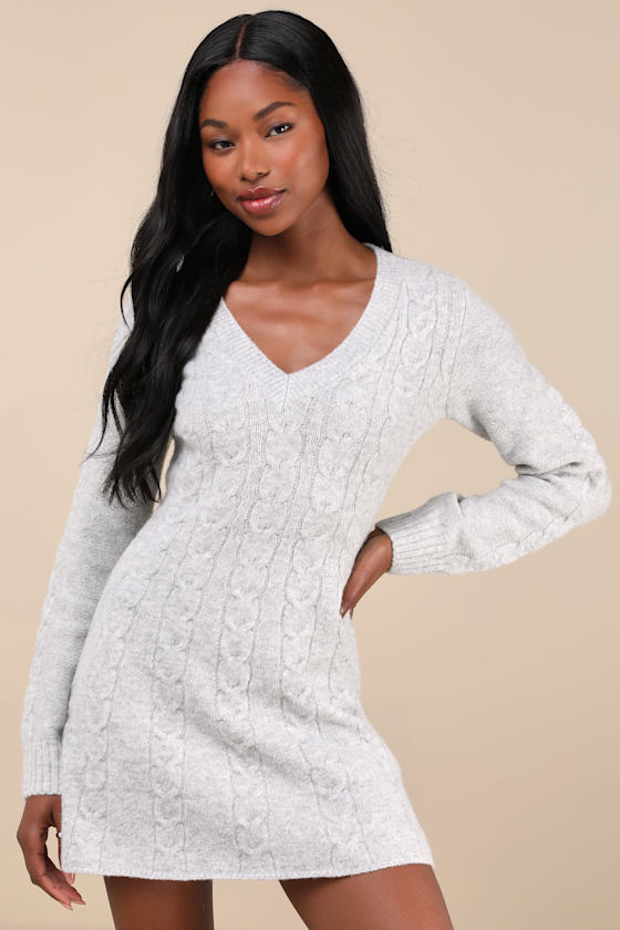 Grey Cable Knit Dress - Long Sleeve Dress - Sweater Mini Dress - Lulus