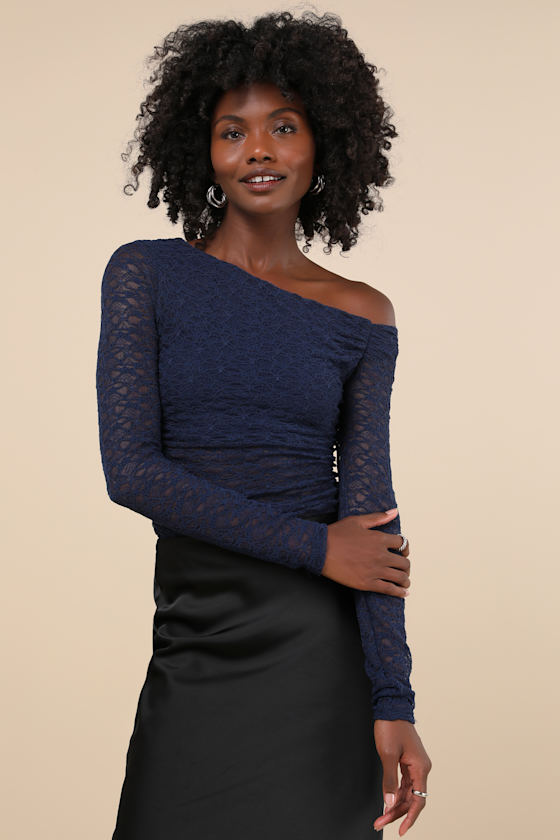 Navy Blue Lace Top Sheer Lace Top Long Sleeve Top Top Lulus