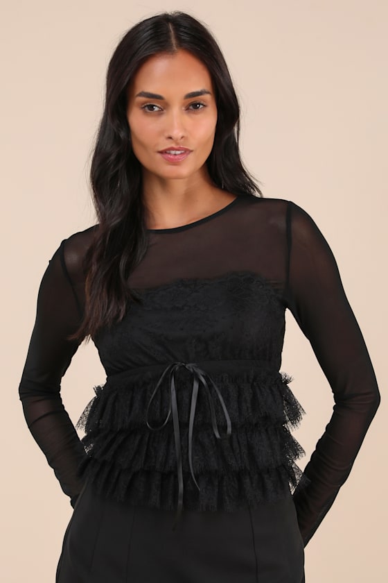 Black Mesh Lace Top - Drawstring Top - Long Sleeve Top - Top - Lulus
