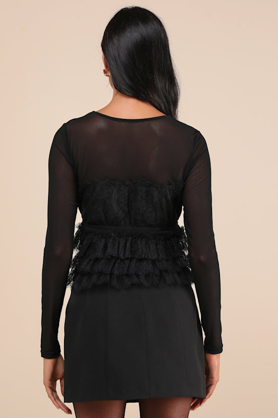Black Mesh Lace Top - Drawstring Top - Long Sleeve Top - Top - Lulus