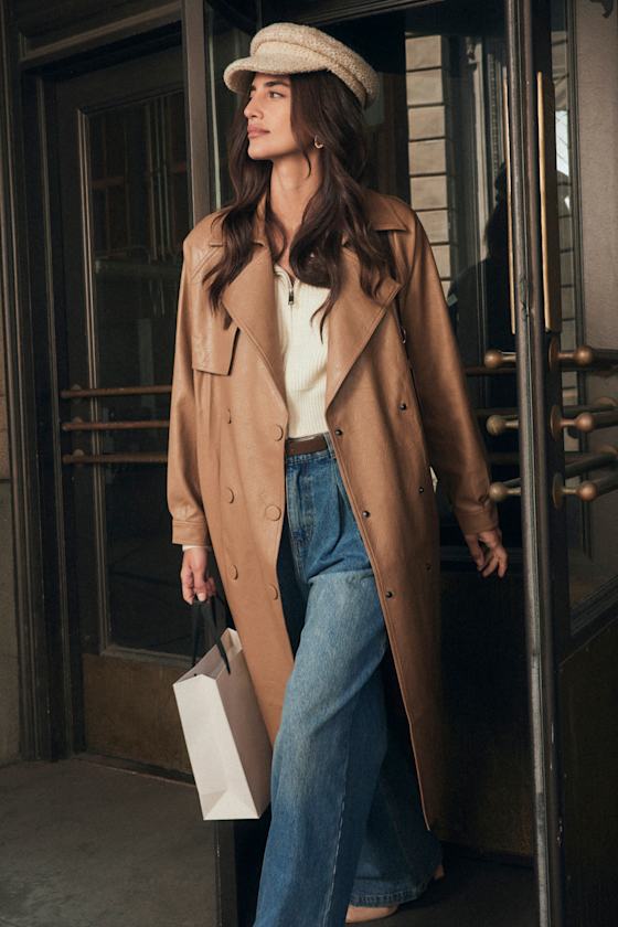 Tan Vegan Leather Coat - Tan Trench Coat - Belted Trench Coat - Lulus