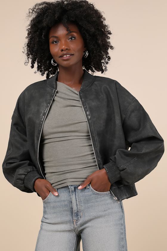 Washed Black Jacket - Vegan Leather Jacket - Cool Bomber Jacket - Lulus