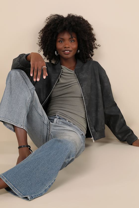Washed Black Jacket - Vegan Leather Jacket - Cool Bomber Jacket - Lulus