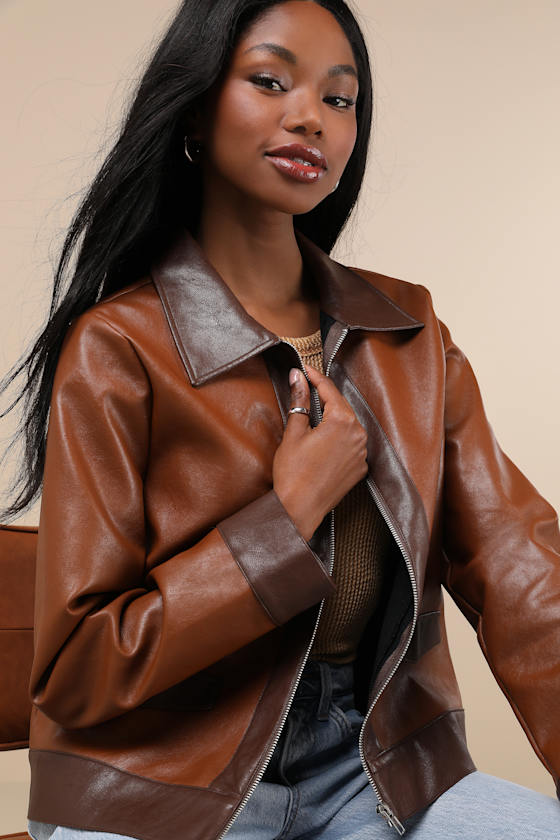 Brown Color Block Jacket - Vegan Leather Jacket - Moto Jacket - Lulus