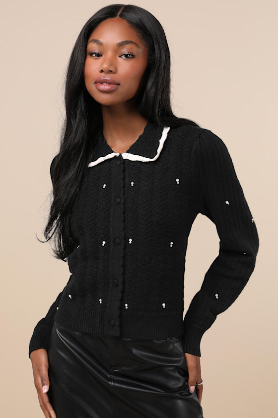 Lost + Wander Perla - Black Pearl Pointelle Cardigan - Sweater - Lulus