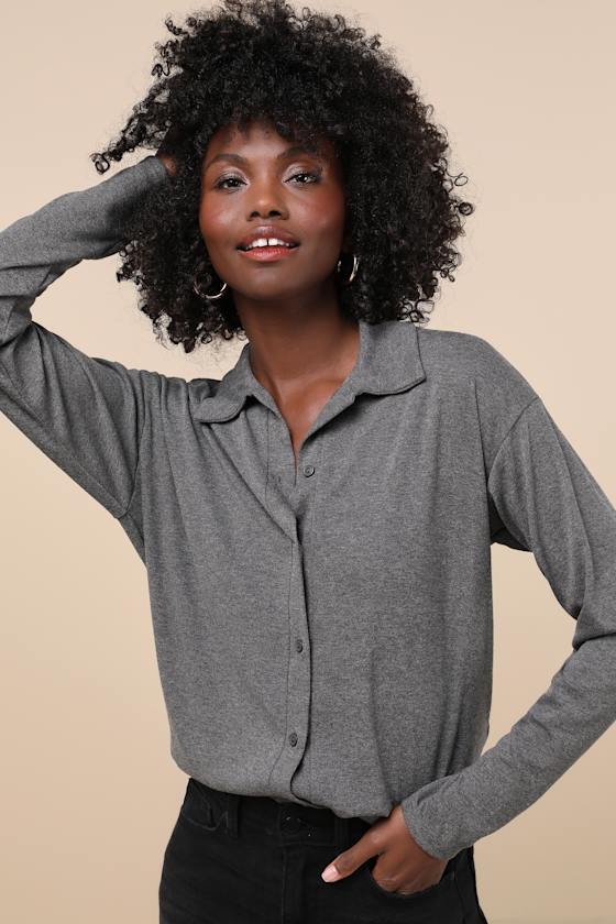 Charcoal Grey Knit Top - Collared Button-Up Top - Long Sleeve Top - Lulus