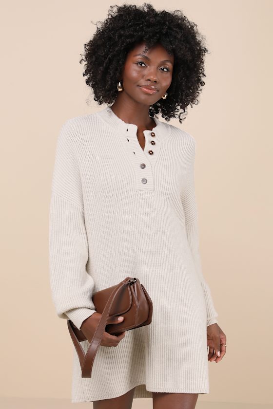 Ivory Long Sleeve Dress - Henley Sweater Dress - Mini Dress - Lulus
