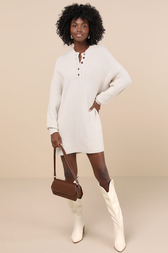 Ivory Long Sleeve Dress - Henley Sweater Dress - Mini Dress - Lulus
