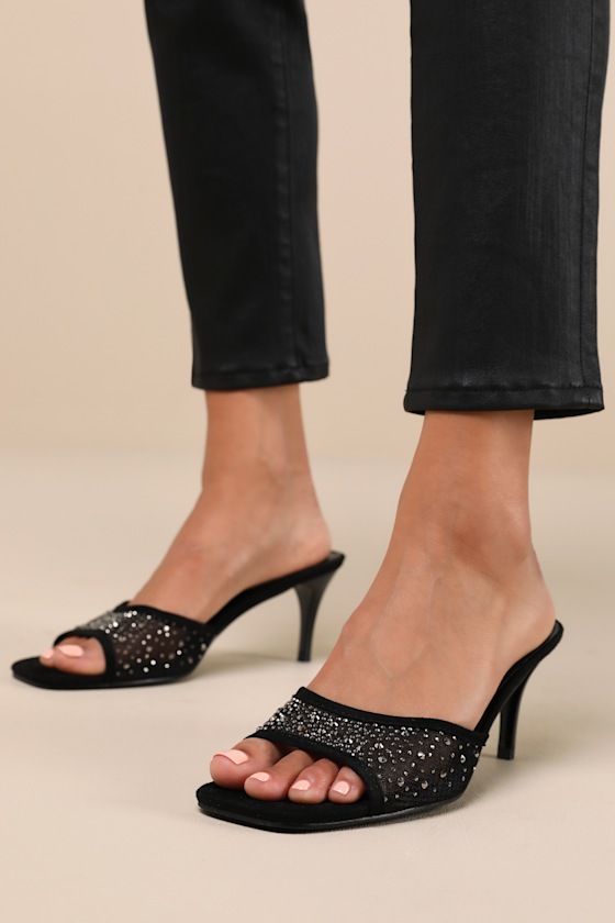 Black Suede Sandals - Sheer Mesh Rhinestone Heels - Slide Heels - Lulus