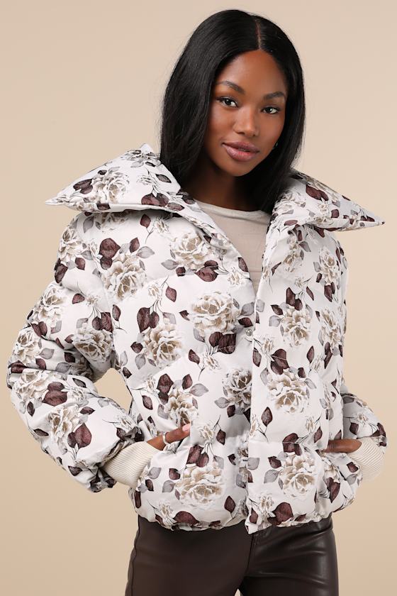 Glamorous Floral Jacket - Light Grey Puffer Jacket - Quilted Coat - Lulus
