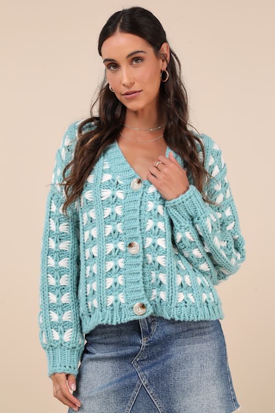Little Lies Hannah - Turquoise & White Cardi - Chunky Cardigan - Lulus