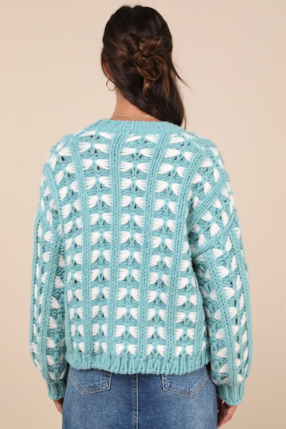 Little Lies Hannah - Turquoise & White Cardi - Chunky Cardigan - Lulus