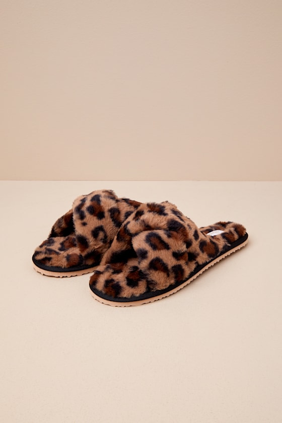 Brown Leopard Fuzzy Slippers - Slide Slippers - Faux Fur Slippers - Lulus