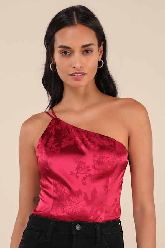 Red Satin Jacquard Bodysuit - One-Shoulder Bodysuit - Red Top - Lulus