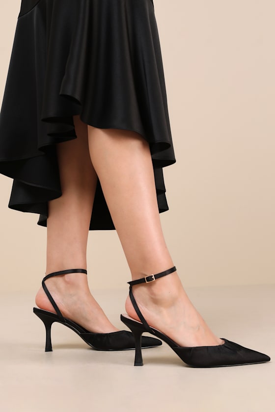 Black Satin High Heels - Ankle Wrap Heels - Pointed-Toe Heels - Lulus