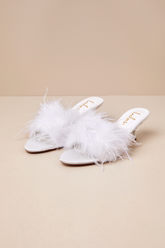 White Slide Sandals Feather Heels Low Heel Slide Sandals Lulus