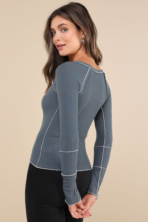 Slate Grey Top - Contrast Stitched Top - Thermal Long Sleeve Top - Lulus