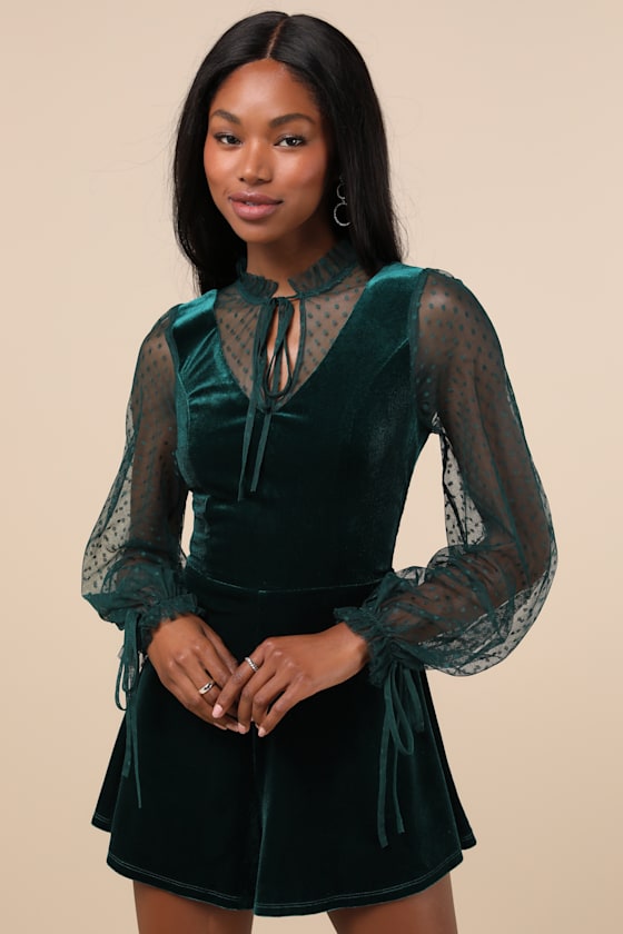 Emerald Velvet Romper - Mesh Swiss Dot Romper - Mock Neck Romper - Lulus