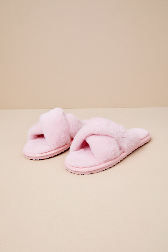 Baby Pink Fuzzy Slippers - Slide Slippers - Faux Fur Slippers - Lulus