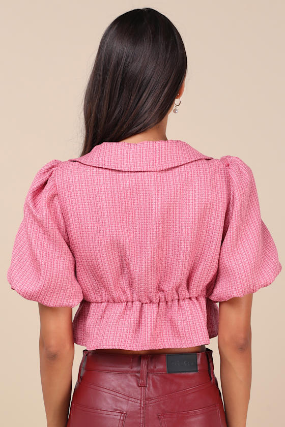Glamorous - Pink Tweed Top - Tie-Front Top - Puff Sleeve Top - Lulus