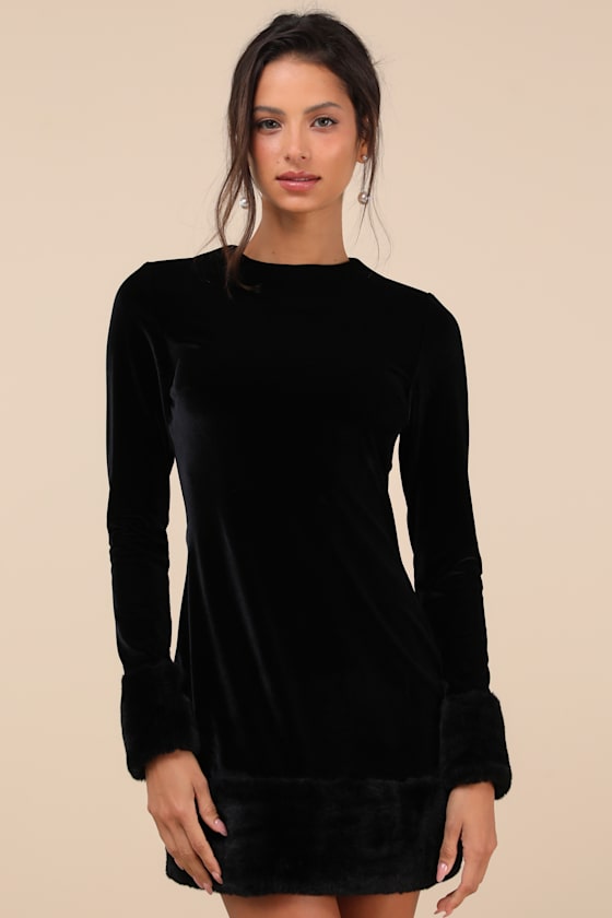 Rare London Fur Trim Dress - Black Velvet Dress - Mini Dress - Lulus