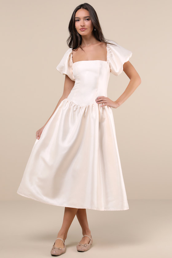 Cream Midi Dress - Taffeta Midi Dress - Puff Sleeve Midi Dress - Lulus