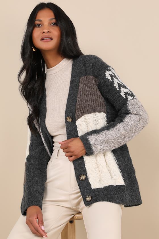 Grey Multi Patchwork Sweater - Cardigan Sweater - Cardigan - Lulus