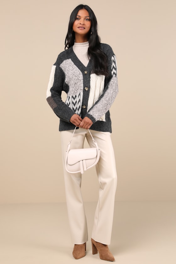 Grey Multi Patchwork Sweater - Cardigan Sweater - Cardigan - Lulus