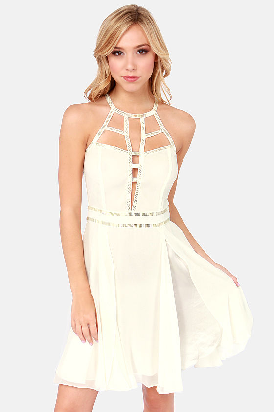 Sexy Ivory Dress Cutout Dress Beaded Dress Halter Dress 8500 Lulus